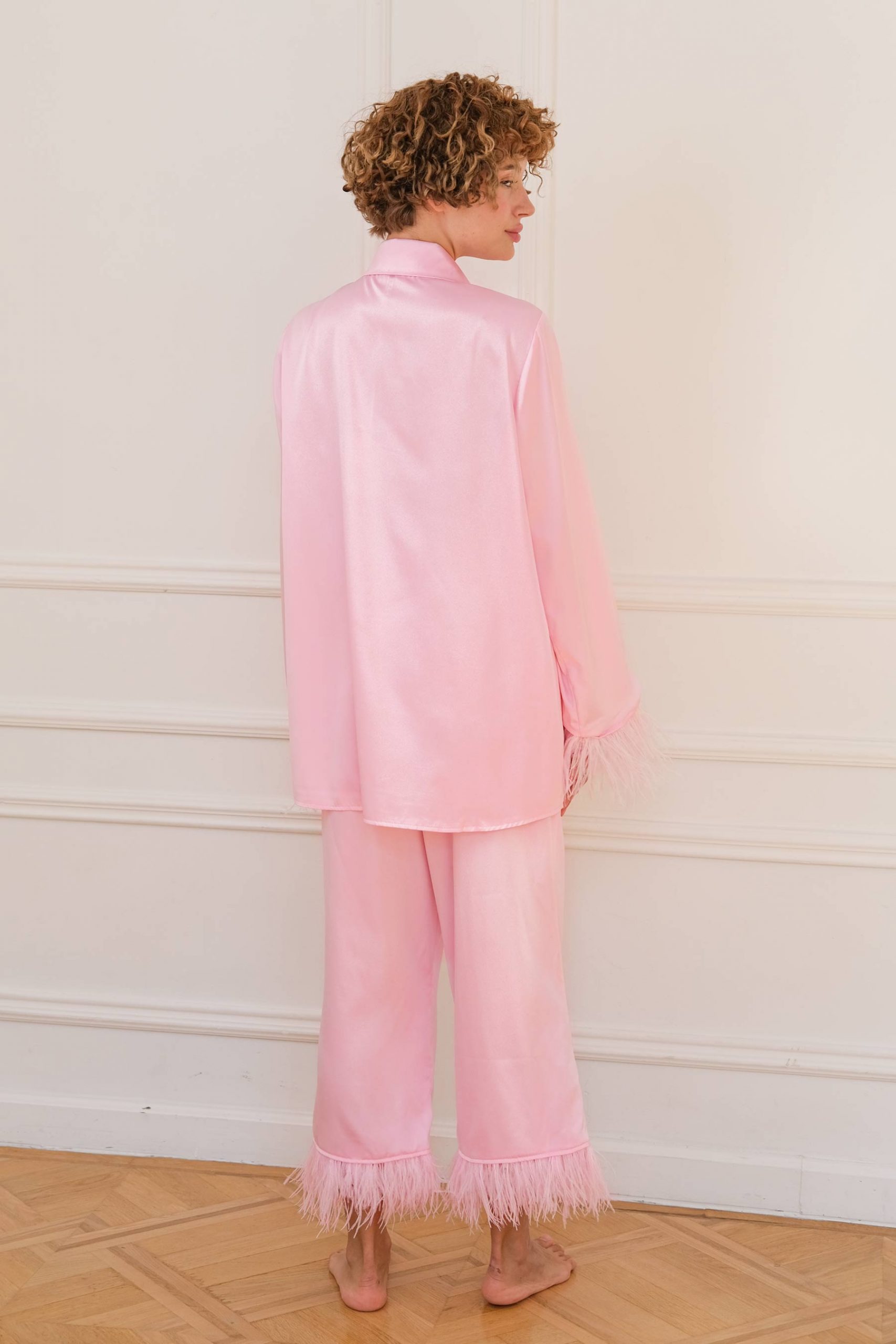 Silk Pajamas with Feathers - Pink Satin Pyjama Set