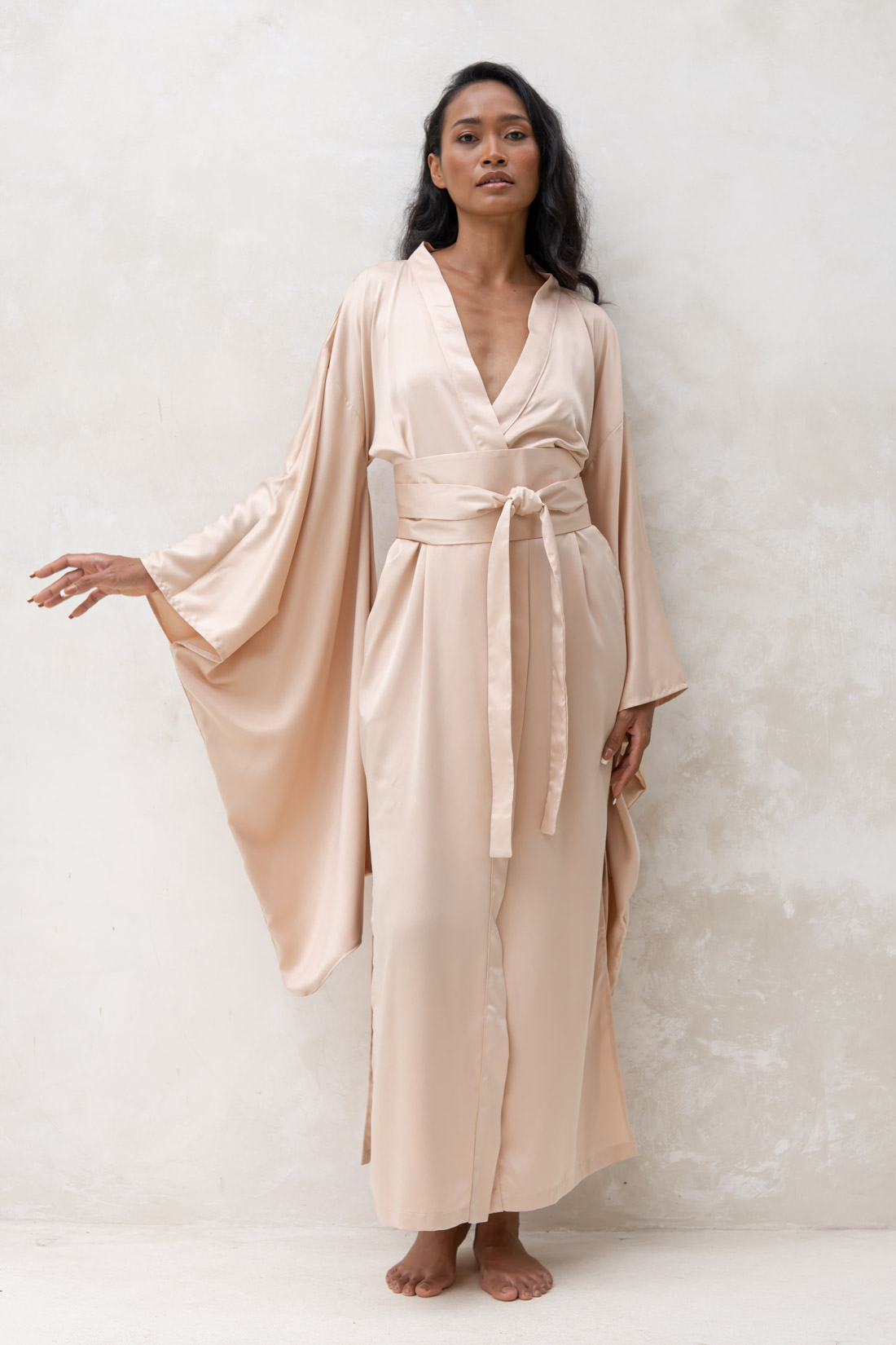 Long Beige Silky Satin Kimono Dressing Gown - IDentity Lingerie