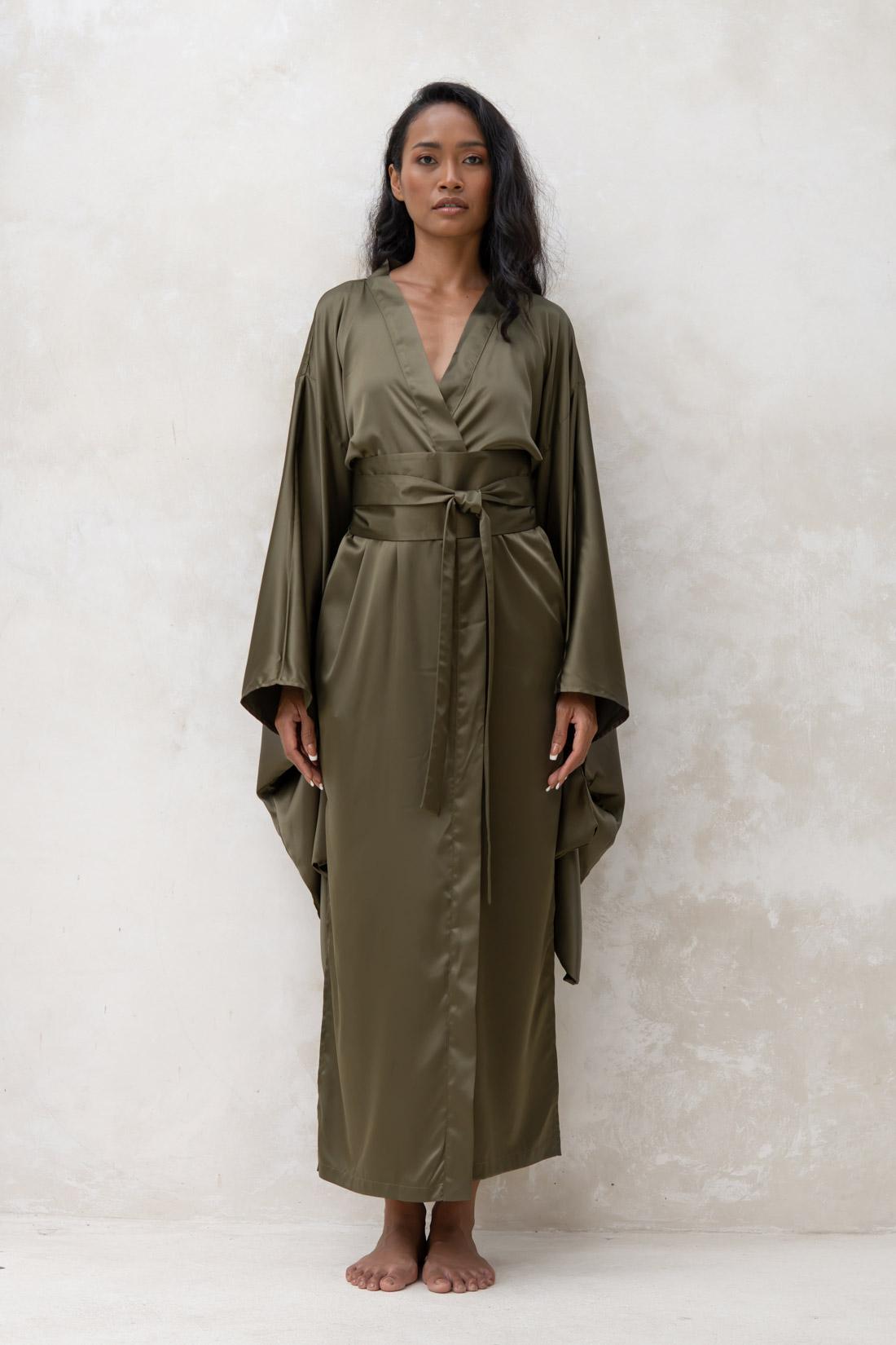 Long Olive Green Silky Satin Kimono Dressing Gown - IDentity Lingerie