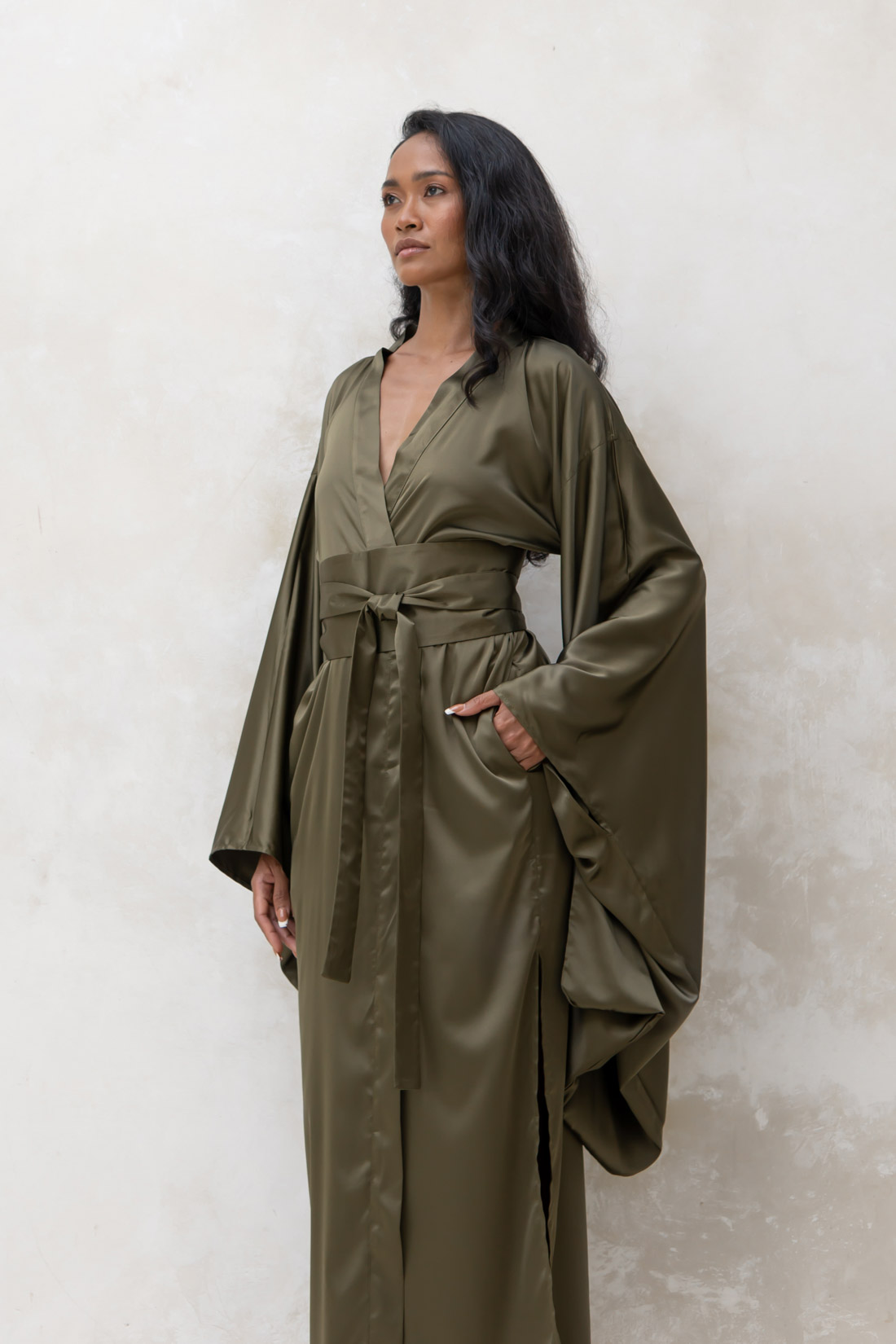 Long Olive Green Silky Satin Kimono Dressing Gown - IDentity Lingerie
