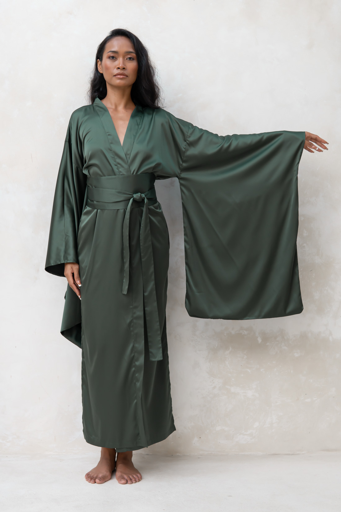 Long Green Silky Satin Kimono Dressing Gown - IDentity Lingerie