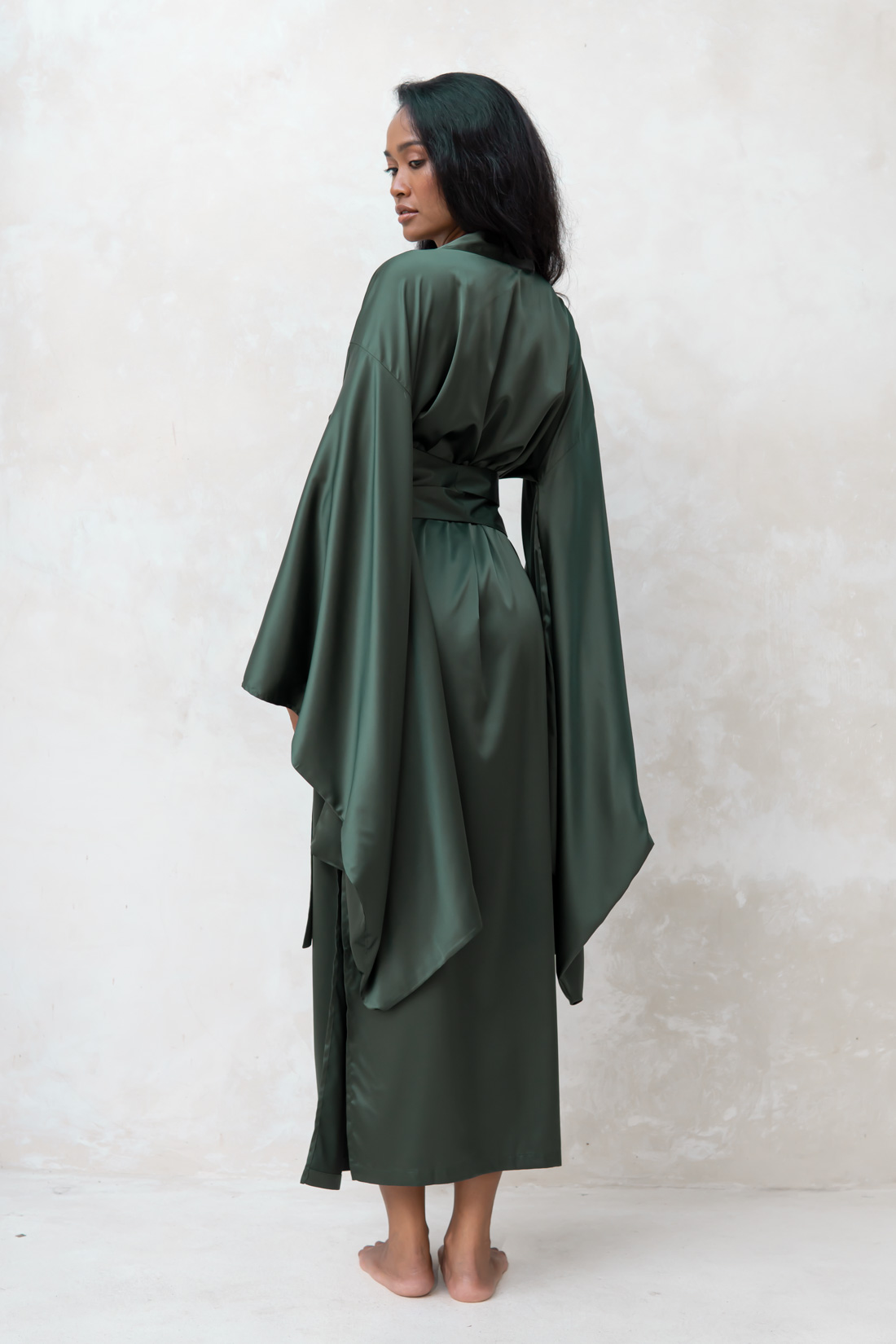 Long Green Silky Satin Kimono Dressing Gown - IDentity Lingerie