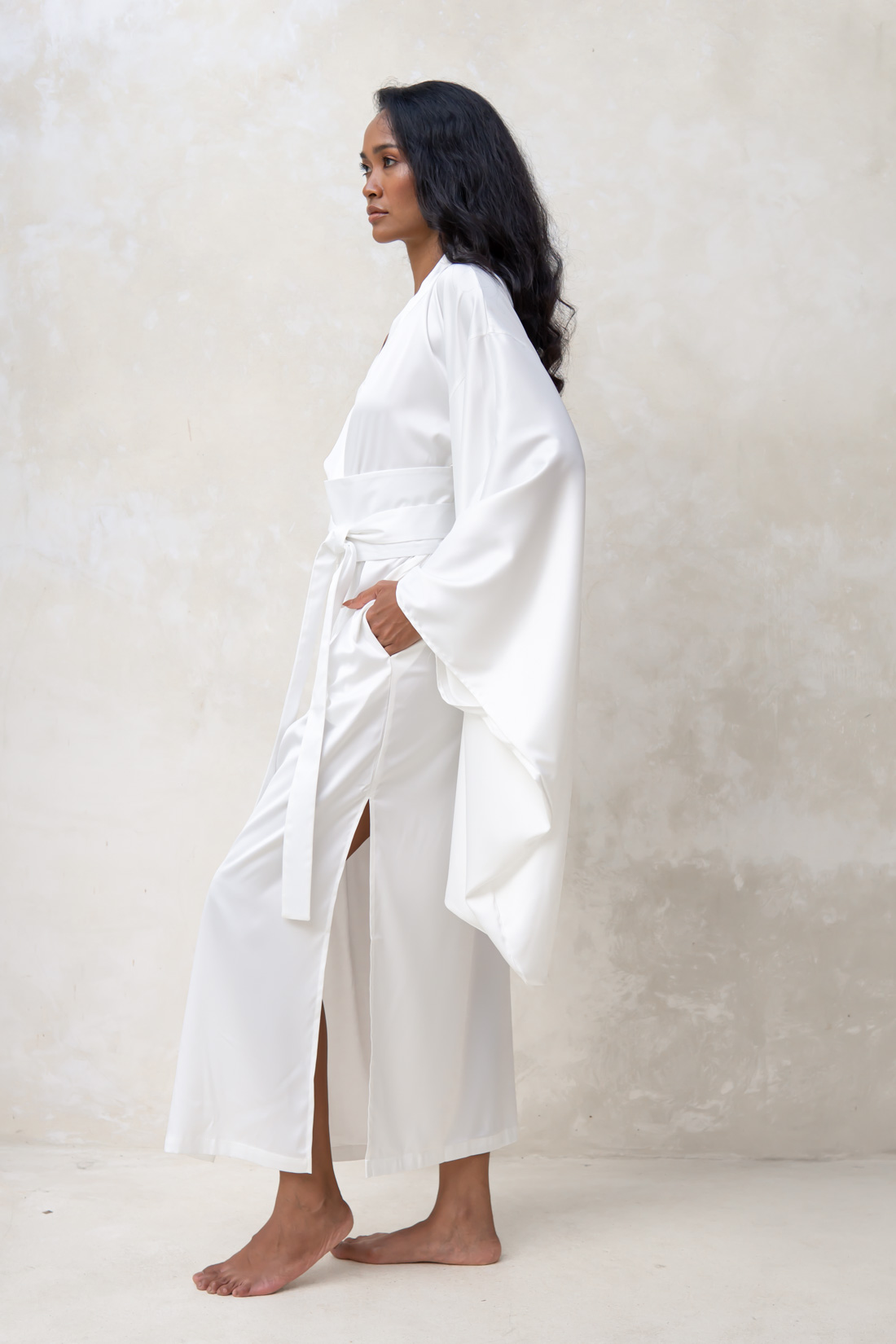 Long Ivory White Silky Satin Kimono Dressing Gown - IDentity Lingerie