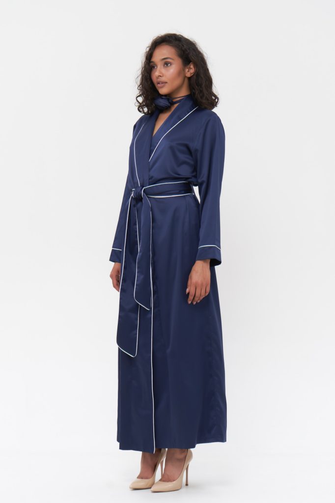 Long Silky Satin Dressing Gown in Navy Blue - IDENTITY LINGERIE