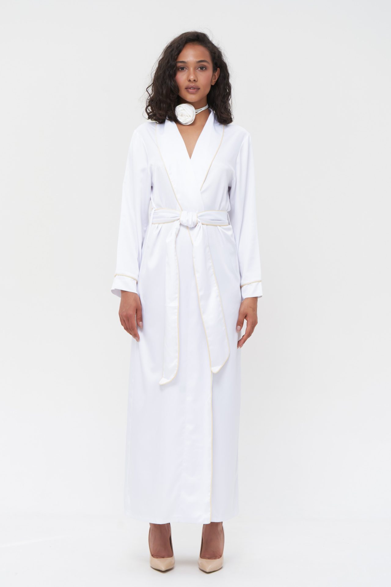 White Bridal Satin Dressing Gown, Long Silk Robes Wedding