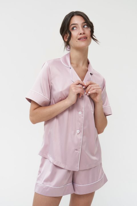 Pink Short Pyjamas Set, Silk Satin Button Up Pajamas | IDENTITY