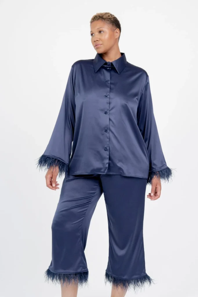 Satin Feather PJs in Navy Blue - IDENTITY LINGERIE