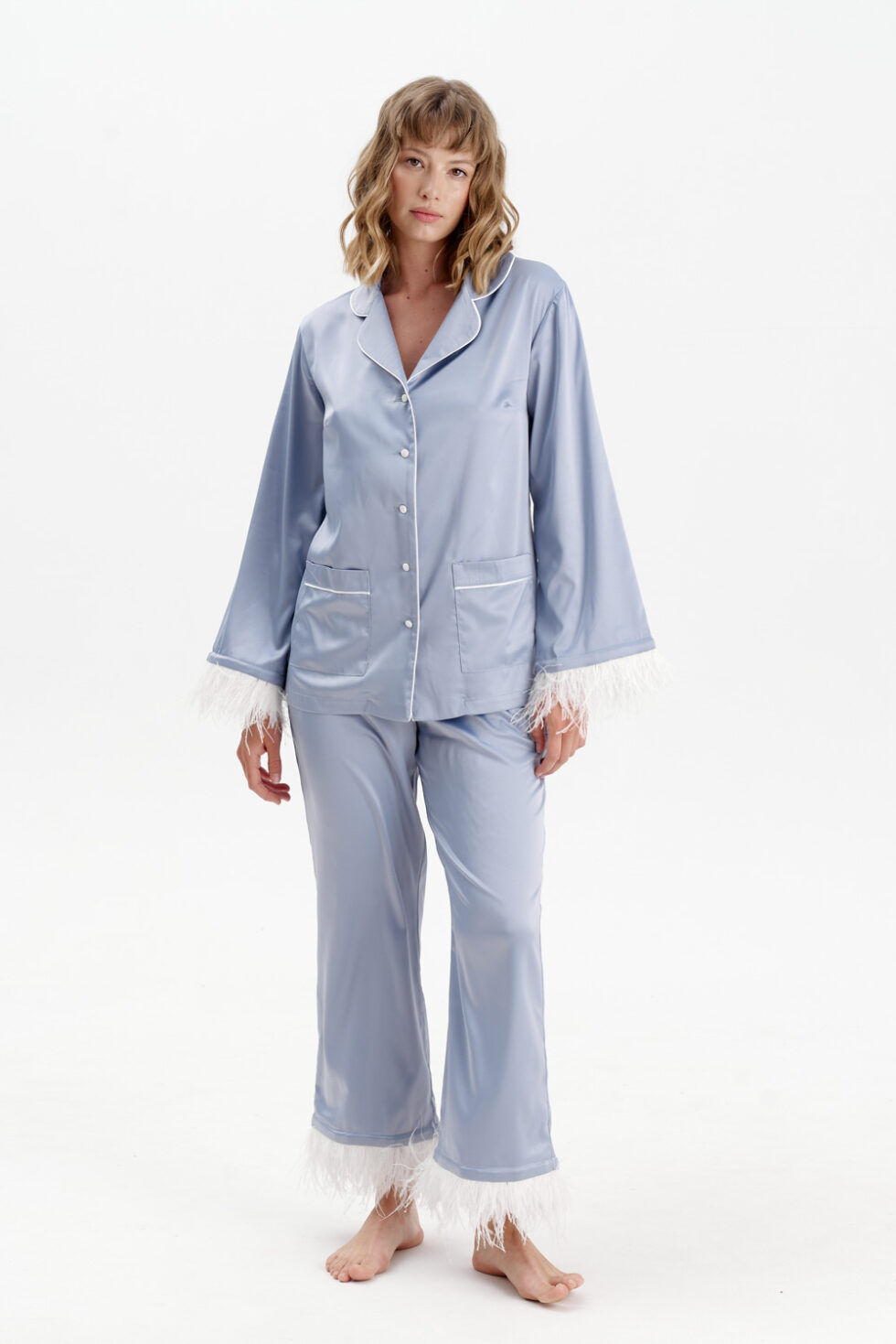Blue Feather Pyjamas, Feather Trim PJs Pajamas | IDENTITY