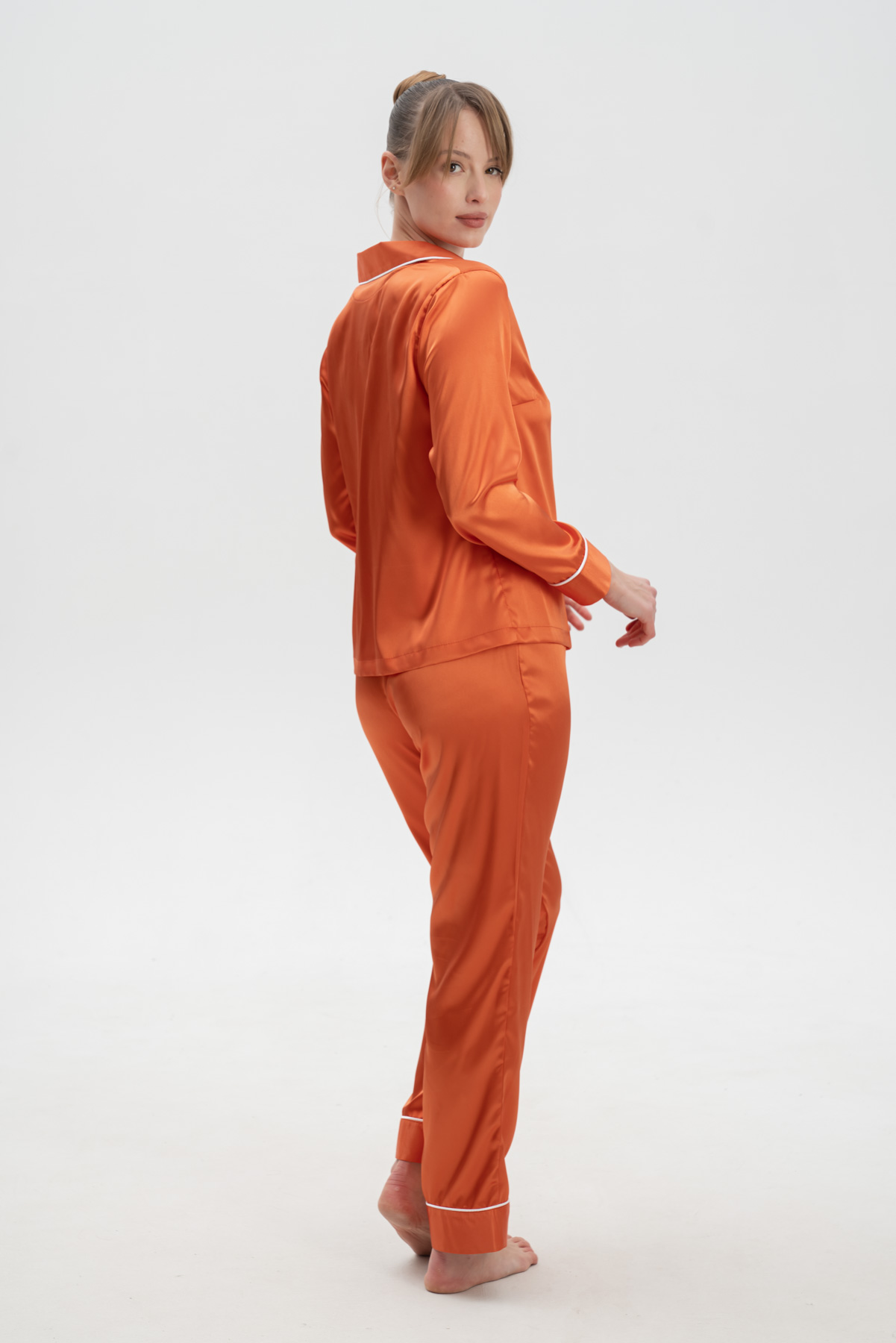 Orange Silk Satin Pyjamas Set Button Up Pajamas PJs | IDENTITY