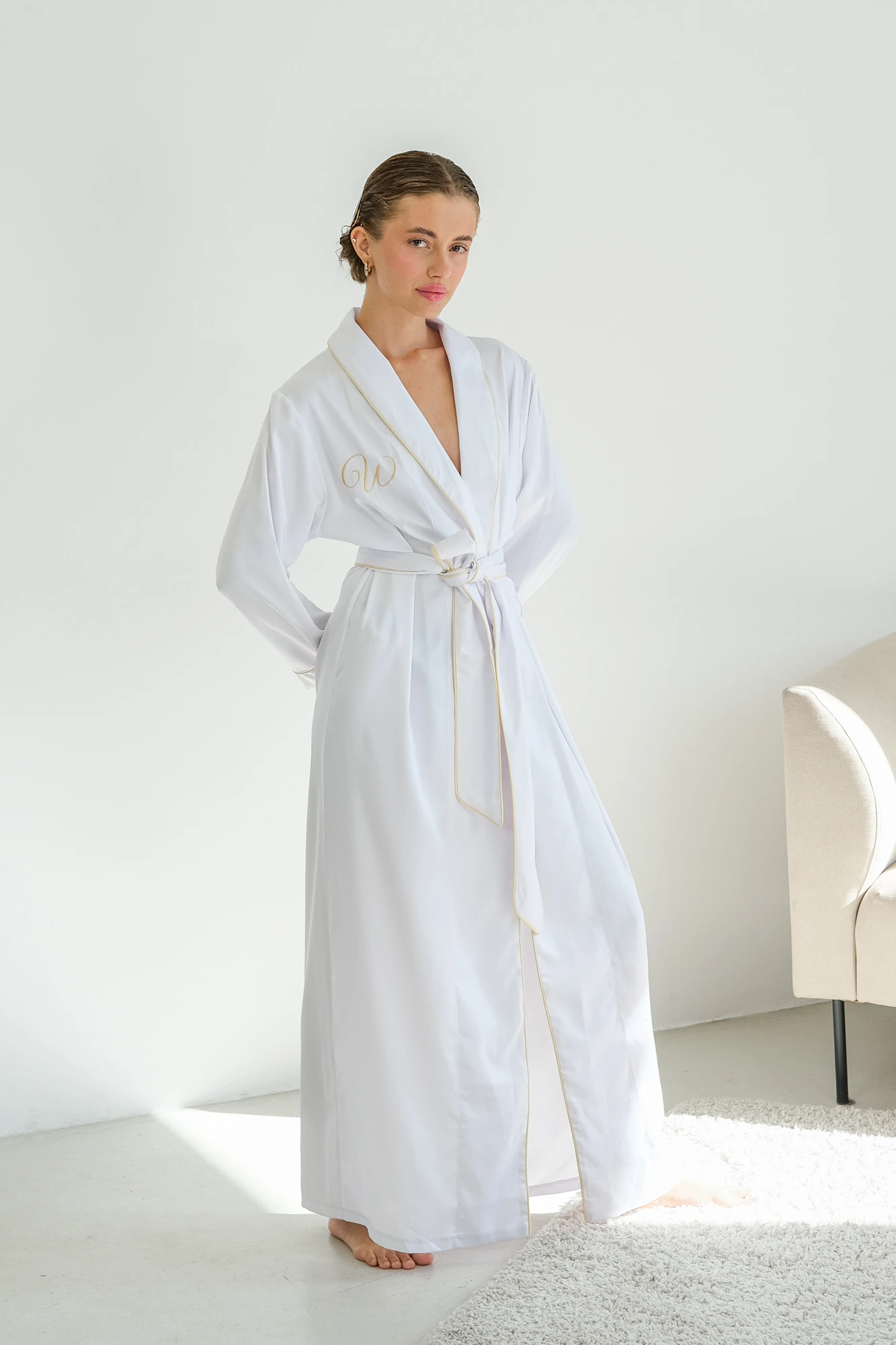 White Bridal Embroidered Dressing Gown, Long Silk Robes Wedding